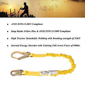 WELKFORDER Single Leg 6-Foot Fall Protection Internal Shock Absorbing Stretchable Safety Lanyard with Snap & Rebar Hook Connectors ANSI Compliant