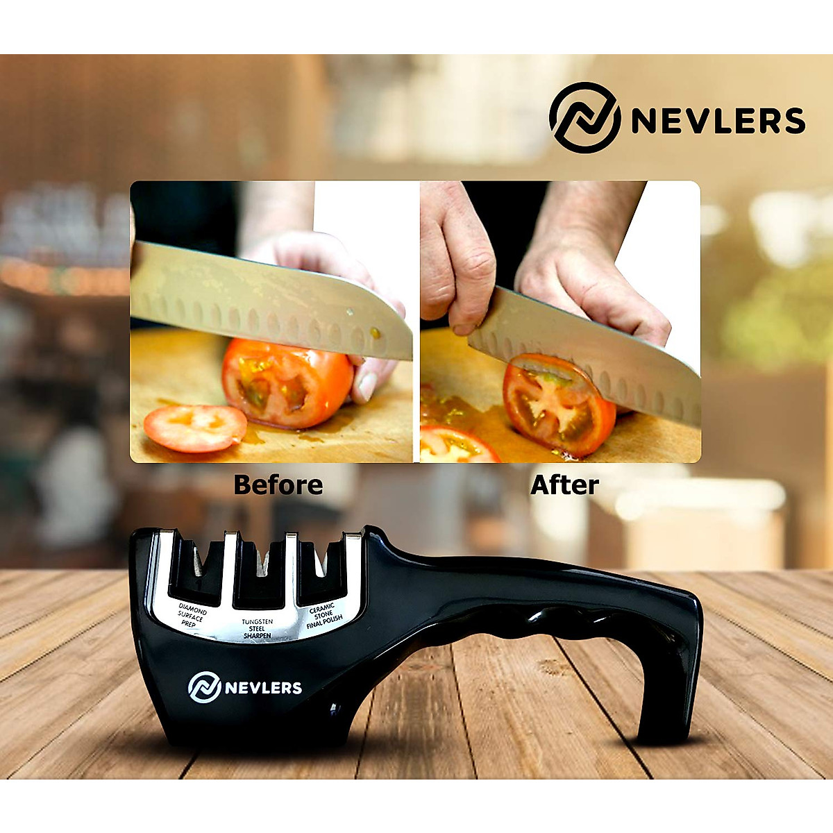 Nevlers 3 in 1 Kitchen Knife Sharpener with Cut Resistant Gloves | Knife Sharpeners for Kitchen Knives Preps, Repairs, Sharpens | Blade Sharpener with Diamond, Ceramic & Tungsten Steel Slots (Black)