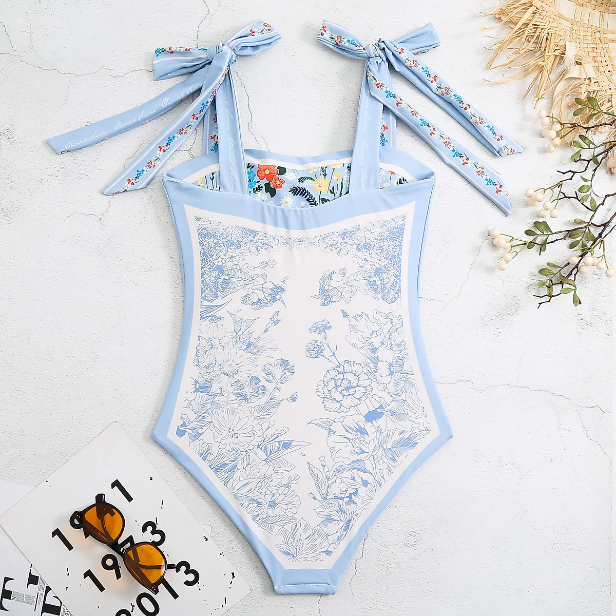 Women Floral One Piece Swimsuits, Reversible Tie Shoulder Monokini, Tummy Control Bathing Suits, Square Neck Swimwear (Medium) Blue
