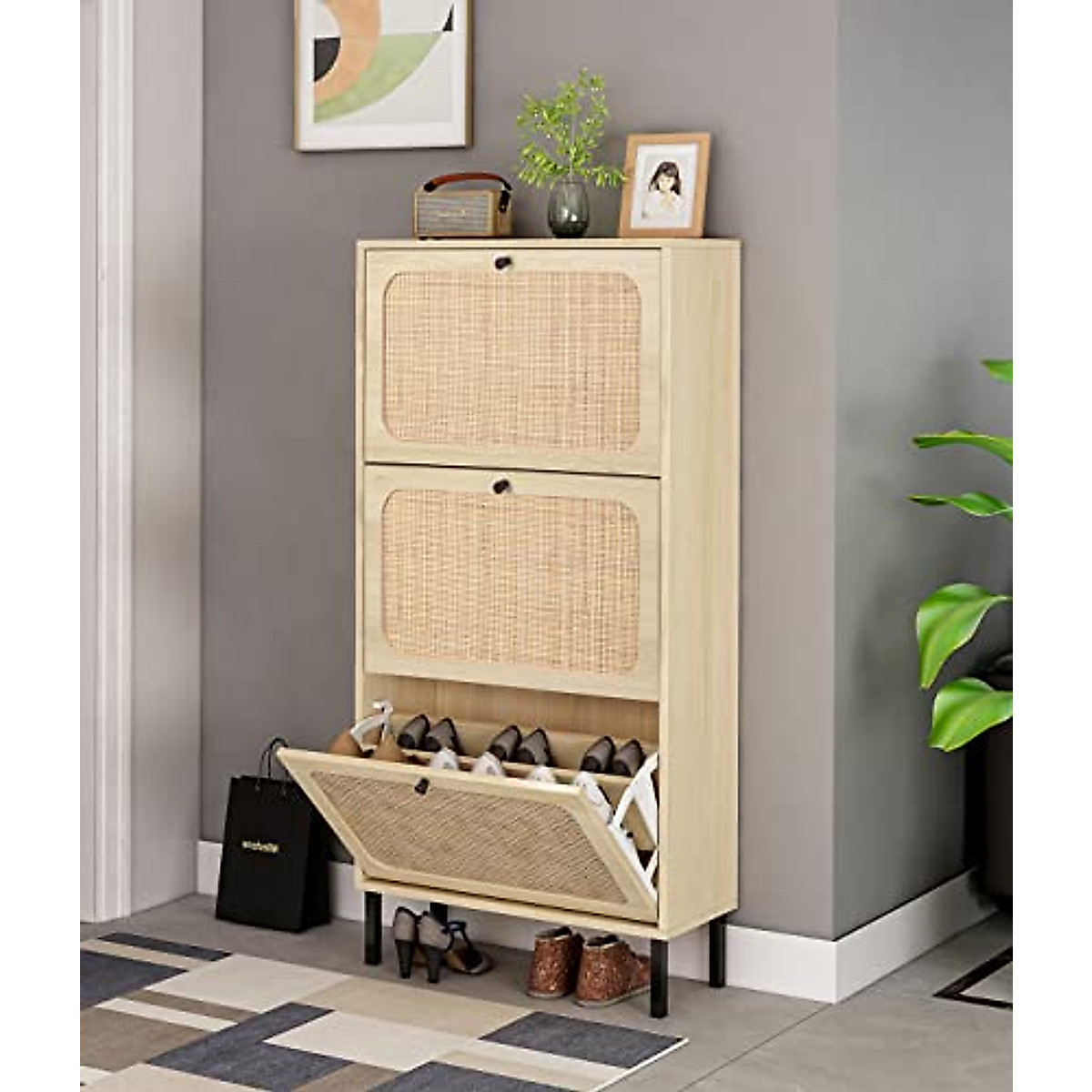 Rattan Shoe Storage Cabinet with 3 Flip Drawers for Entryway, Freestanding Shoe Rack Modern Slim Entryway Shoe Organizer with Half Round Woven Rattan Doors for Hallway (Rattan-3 Drawers)