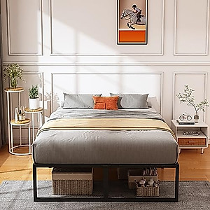 XINXINYAN 16 Inch Queen Bed Frame, No Box Spring Needed, Heavy Duty Metal Platform Queen Size Bed Frame, Strong Steel Slats Support, Noise Free, Easy Assembly, Black