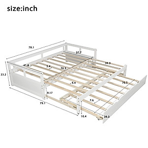 Bed Frame, Wooden Mattress Foundation with Roll Out Trundle Accommodate, Sofa Bed-Frame,Easy Assembly,White