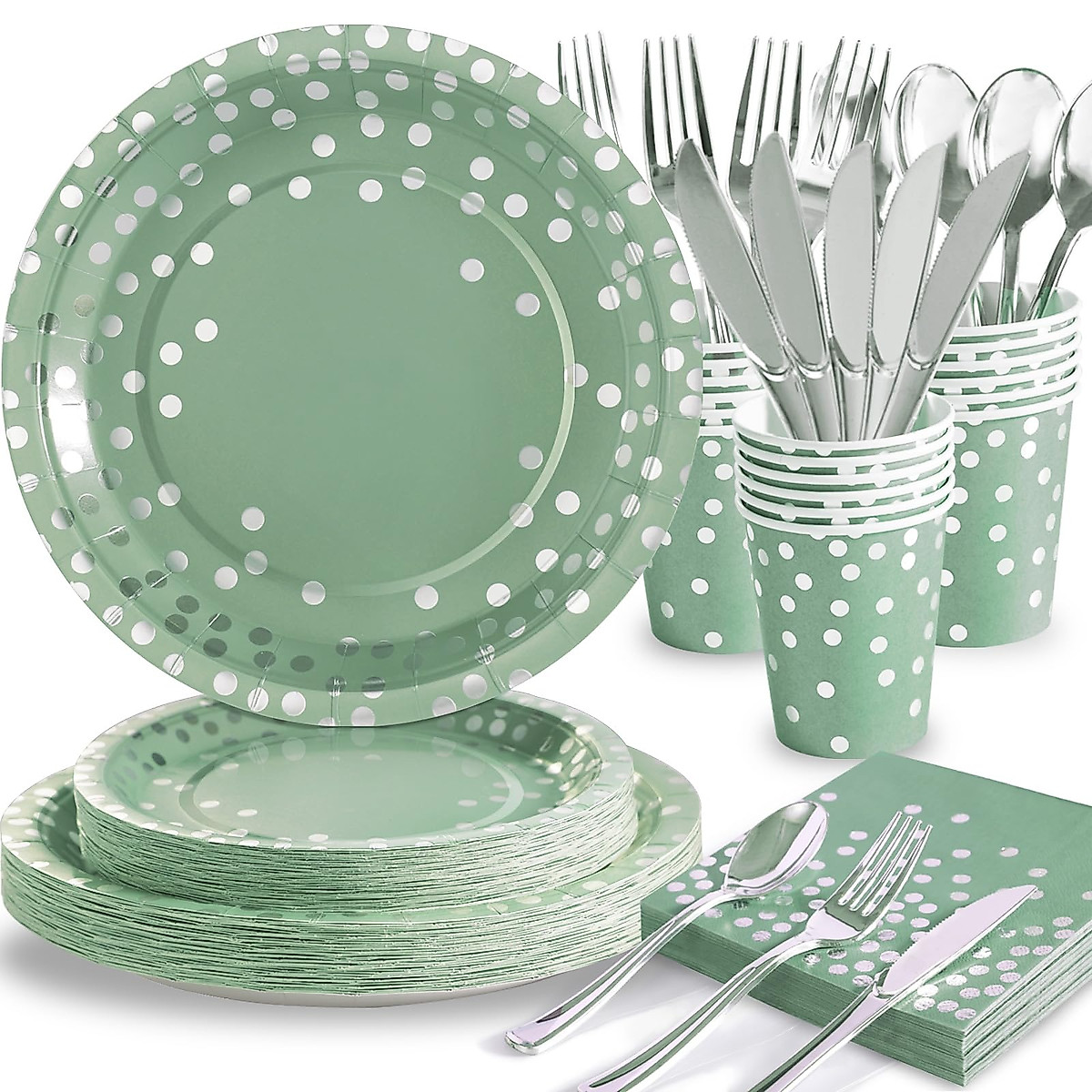 Gudvilla Sage Green Paper Plates-168pcs Sage Green Plates Disposable Party Supplies Serve 24 for Sage Green and Silver Birthday Wedding Baby Shower Party Decorations
