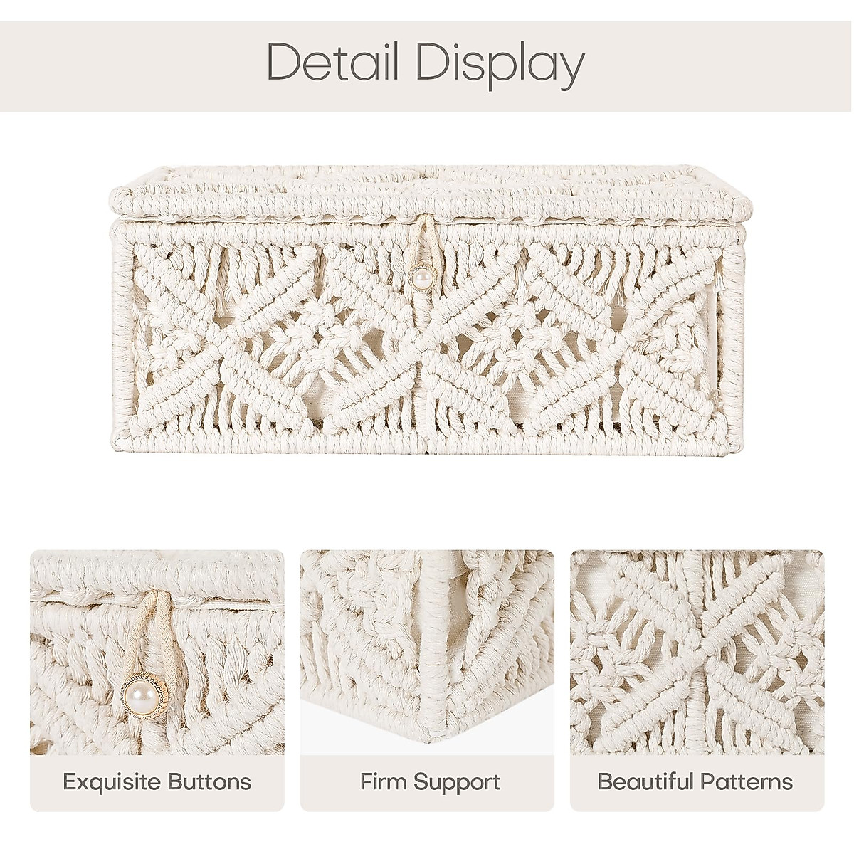 ANMINY Macrame Storage Basket with Lid & 25Pcs Organza Gift Bags Bohemian Jewelry Box Handmade Woven Natural Cotton Rope Lidded Bin Decorative Desktop Organizer Countertop Tank Shelf Cabinet Container