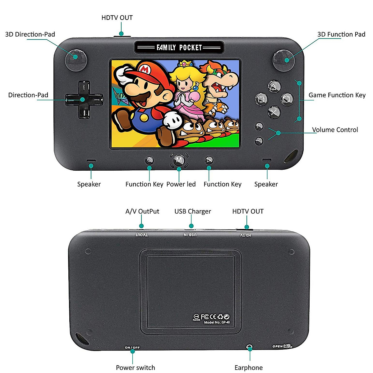JAOK Handheld Game Console, Portable Game Player Built-in 208 HD Classic Games 4" LCD Retro Gaming System, Support TV/AV 12 Bit Rechargeable Handheld Game Console (Gray)