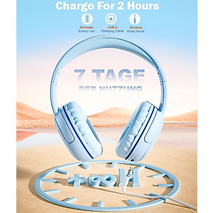 Nabevi Kids Headphones, Over-Ear Headphones Bluetooth Wireless Kids with Mic, 85/93dB Volume Limited, Stereo Sound, Wired Inline AUX Cord Headphones for Children Boy Girl Teens, Blue