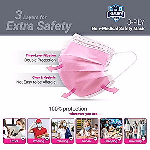 Healthy Shield 50pcs Disposable 3-Ply Safety Face Mask, Comfortable Ear Loop and Breathable, Non-Woven, Mouth Covers, Nose Clip, perfect for Adult, Men, Women, Home, Office, Indoor, Outdoor. - Pink