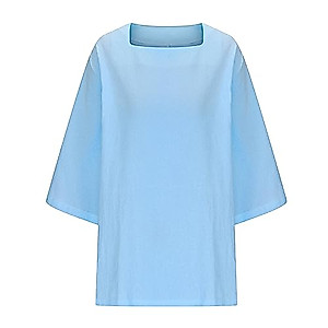 ysgfhgjw orders placed by me Square Neck Tops For Women Bell 3/4 Sleeve Side Split Solid Color Blouses Cotton Linen Casual Dressy Work Out Tunics Light Blue 2X
