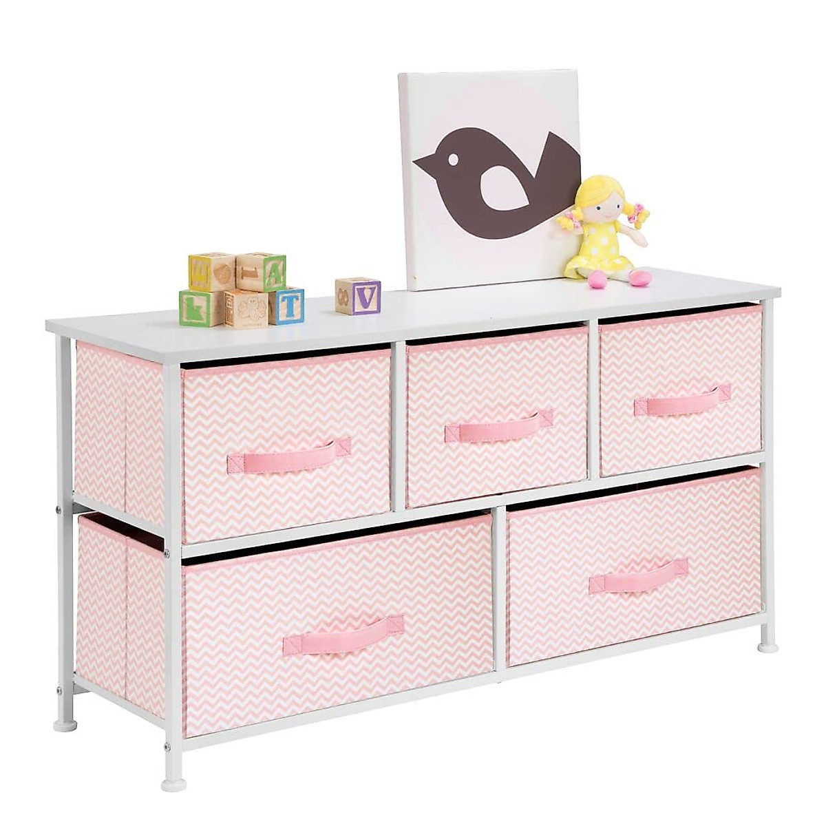 mDesign 21.65" High Steel Frame/Wood Top Storage Dresser Furniture Unit with 5 Removable Fabric Drawers - Wide Bureau Organizer for Bedroom, Living Room, Closet - Spira Collection, Pink/White