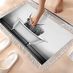 Beauty Decor Indoor Doormat Welcome Mat with Tassel Farmhouse Animal Highland Cow in Bathtub Bubble Funny Cattle Entrance Door Mat Rubber Backing Non Slip Area Rug for Home Office Garden- 18" x 30"