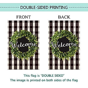 Baccessor Boxwood Wreath Welcome Garden Flag Double Sided, Buffalo Plaid Check Spring Fall Yard Flag Burlap, Small Farmhouse Rustic Flags for Outdoor Outside Decoration 12 x 18 Inch