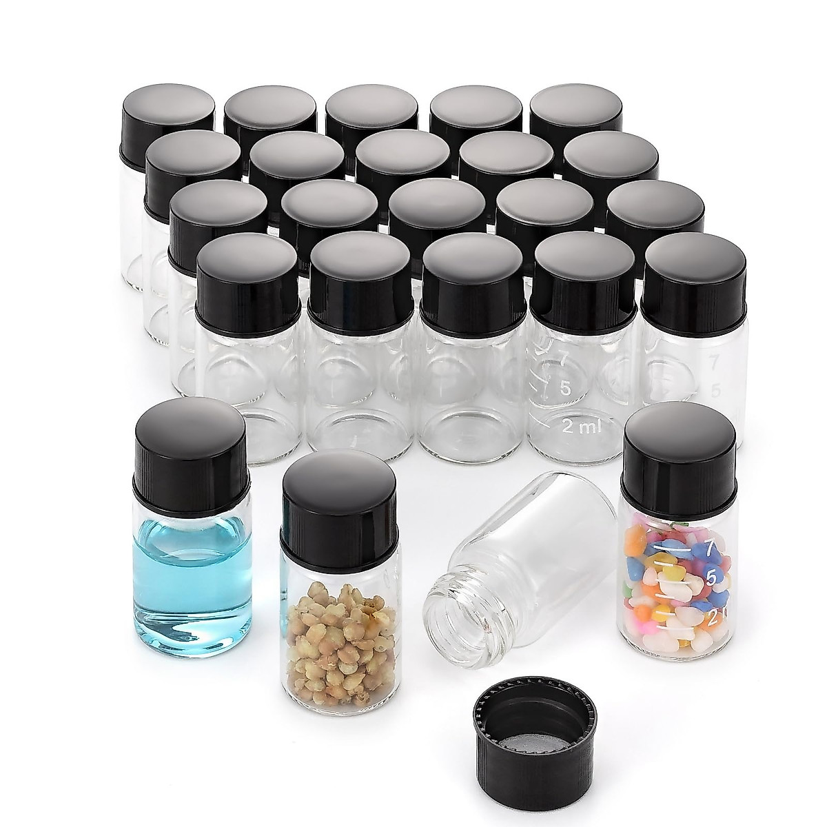 Njvial 24Pcs 7ml Small Glass Vials with Lids Lab Sample Vials Empty Refillable Perfume Travel Mini Glass Bottles with Screw Caps for Essential Oils(12Pcs Bottles with Graduated Measuring Scale)