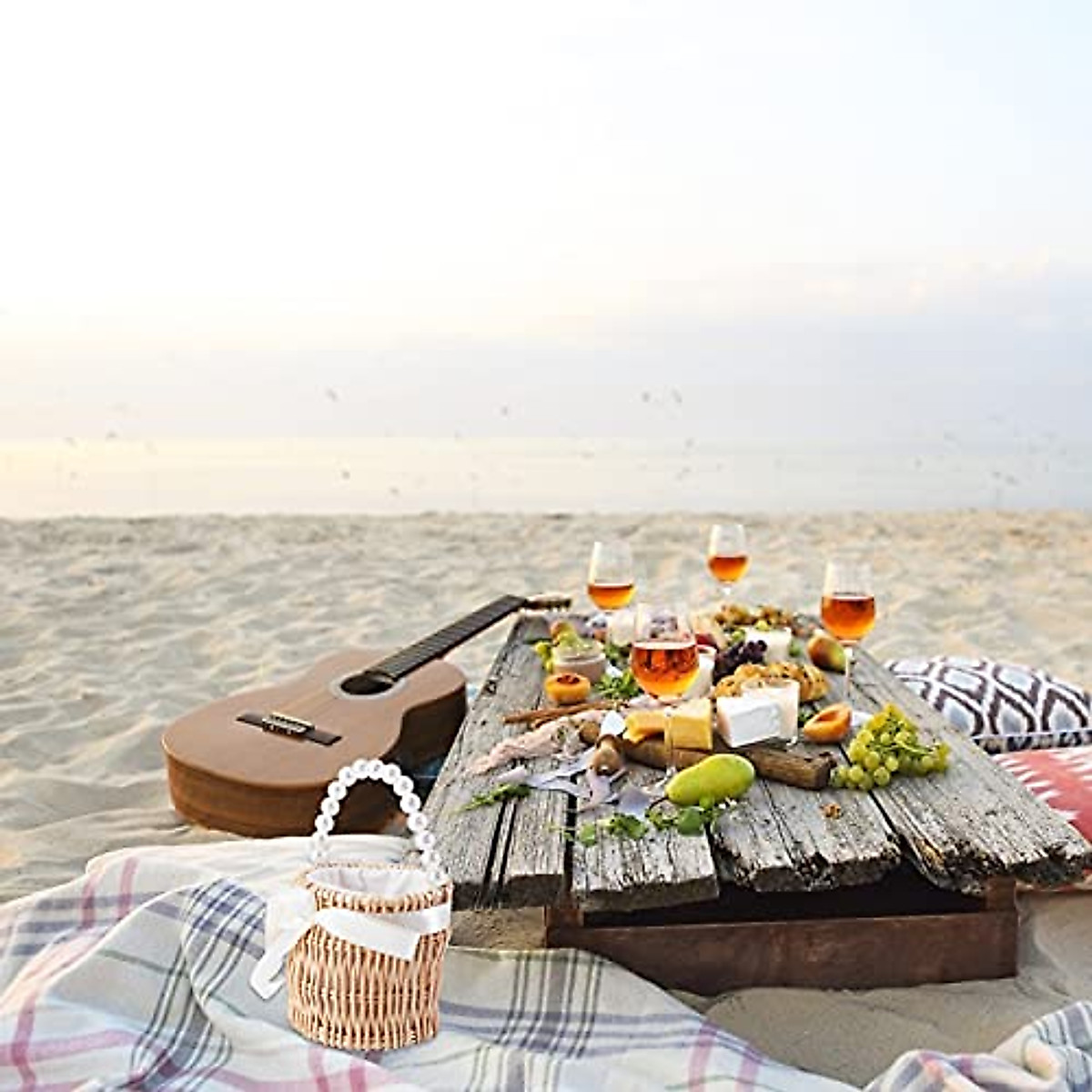 IMIKEYA Wicker Storage Basket Rattan Handbags Straw Flower Girl Basket Rustic Wedding Ring Bearer with Pearl Handle Summer Beach Tote Bag for Summer Photo Prop Wicker Hamper