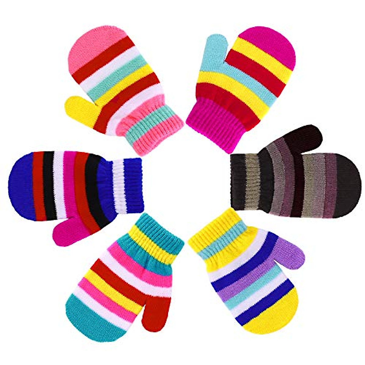 Cooraby 6 Pairs Warm Toddler Mittens Magic Stretch Kids Gloves Striped Mittens for Boys and Girls