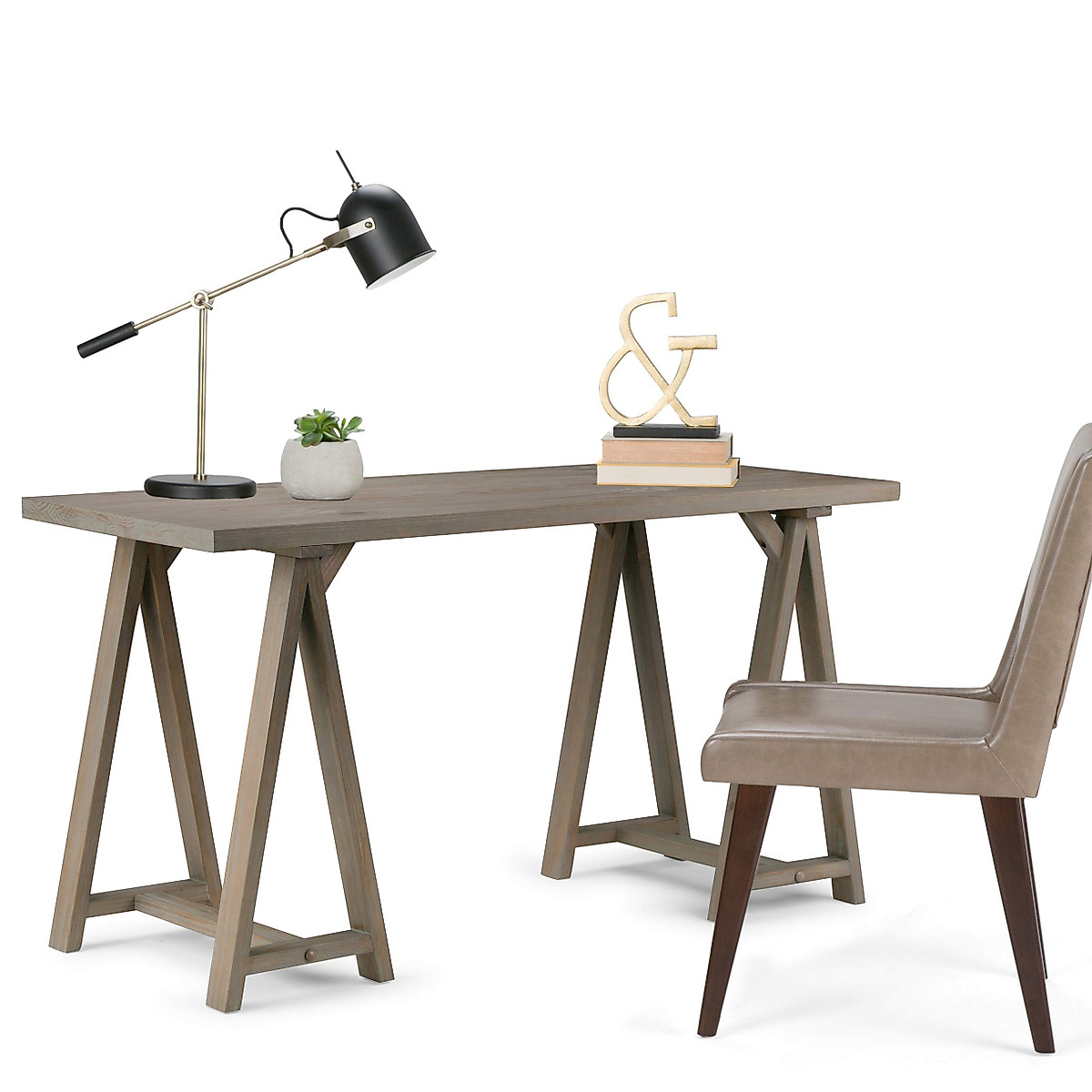 SIMPLIHOME Sawhorse SOLID WOOD Modern Industrial 56 inch Wide Home Office Desk, Writing Table, Workstation, Study Table Furniture in Distressed Grey