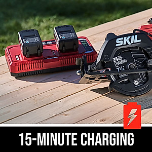 SKIL 2x20V PWR CORE 20 Brushless 7-1/4” Rear Handle Circular Saw Kit Includes Two 5.0Ah Batteries and Dual Port Auto PWR Jump Charger-CR5429B-20, Red