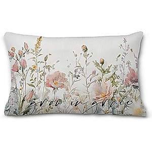 Lacosu Christian Bible Verse Grow in Grace Watercolor Wildflower Throw Pillow Cover Pillowcase for Couch Bed Sofa,12×20 inch,Christian Gifts