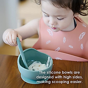 ROCCED Silicone Baby Feeding Set Baby Led Weaning Supplies Toddler Dish Set First Stage Solid Food Eating Utensil, Suction Plates with Spoons Baby Suction Bowls Bibs Cups Placemat- 6M+ Sage