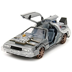 Delorean Brushed Metal Time Machine (Train Wheel Version) with Lights Back to The Future Part III (1990) Movie Hollywood Rides Series 1/24 Diecast Model Car by Jada 34996