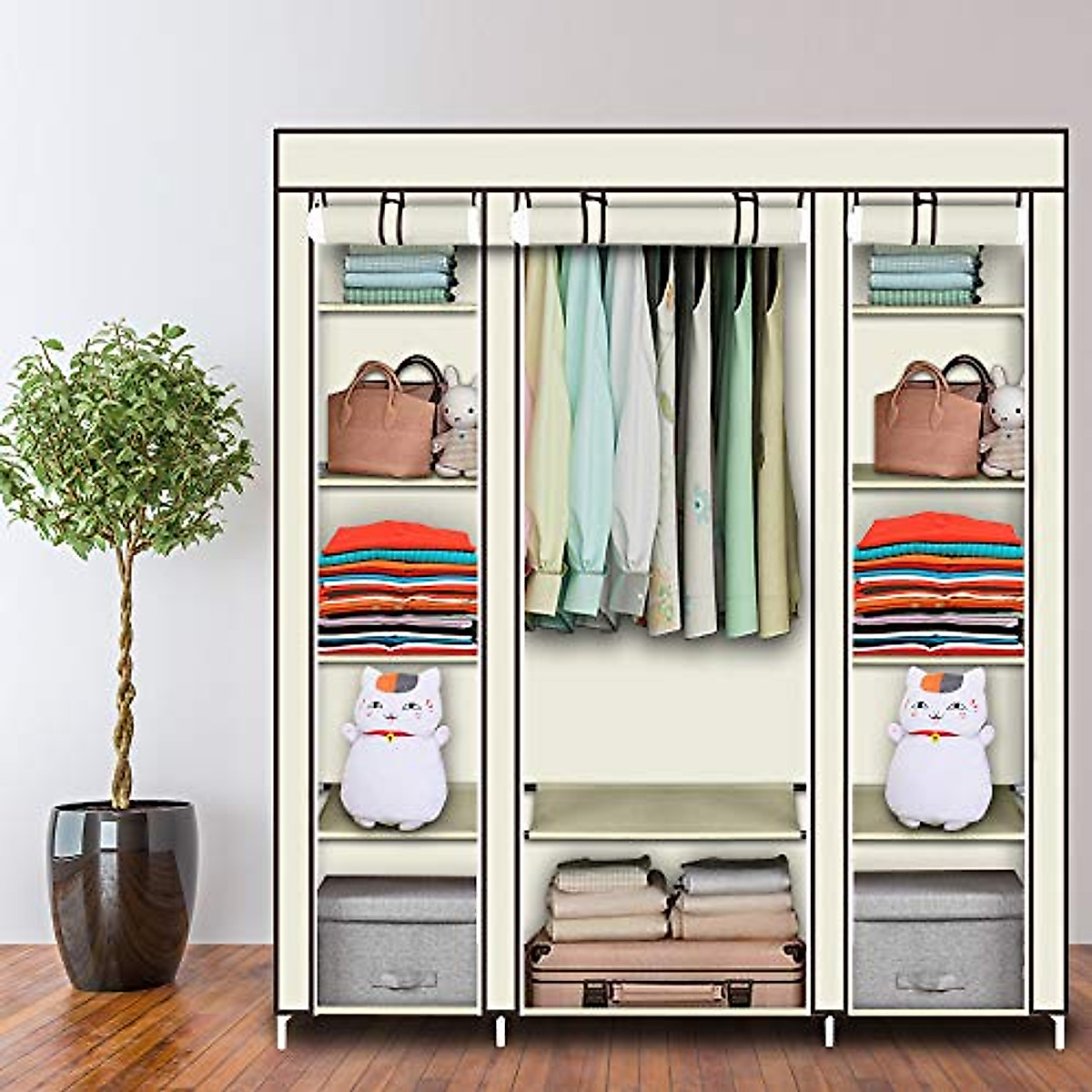 69" Portable Closet Storage Organizer Non-Woven Fabric Clothes Wardrobe 12 Shelves 5 Floors (Beige)