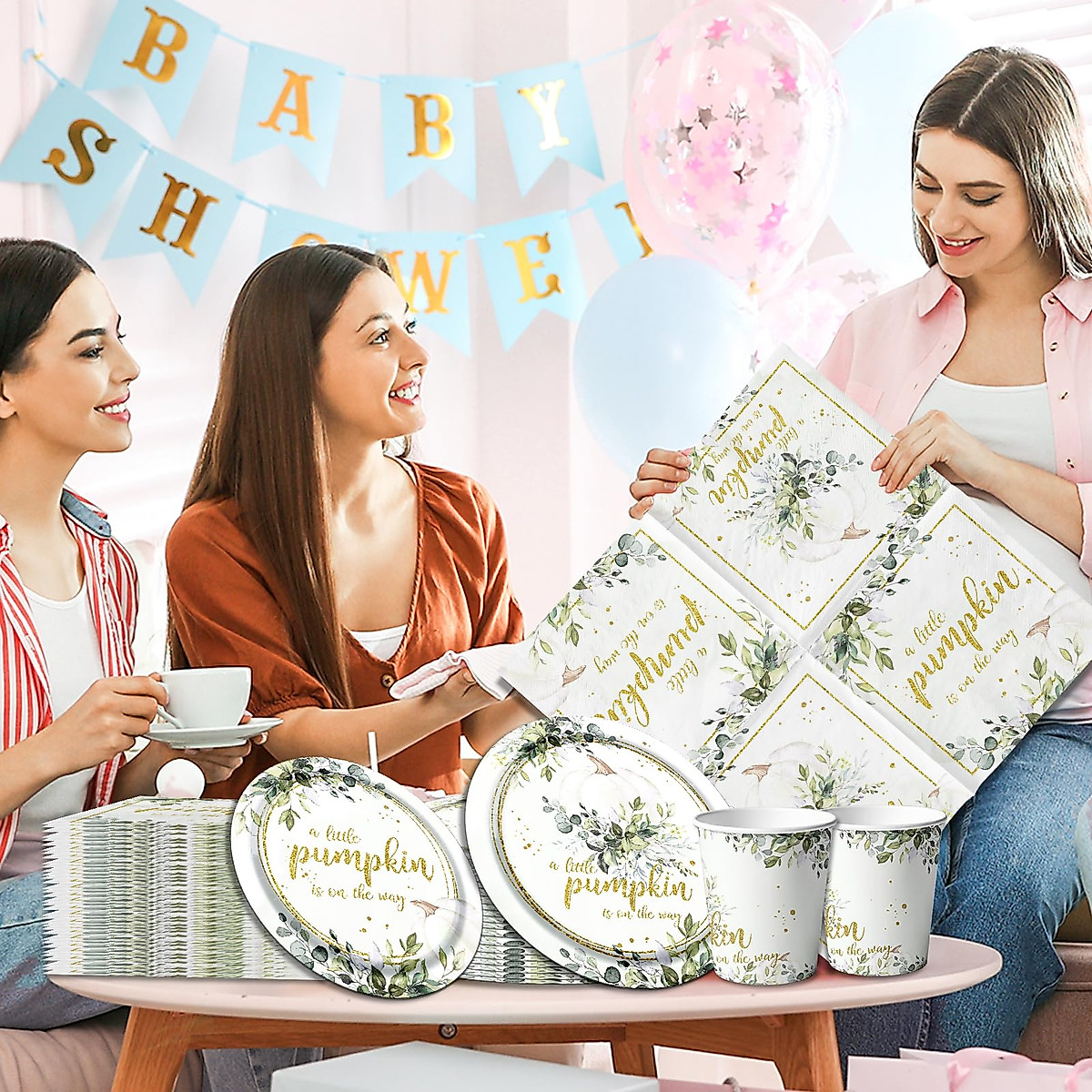 Little Pumpkin Baby Shower Decorations, A Sweet Little Pumpkin is On The Way Plates and Napkins Sage Greenery Eucalyptus Tableware Sets for Fall Baby Shower,Sage Green Birthday Supplies