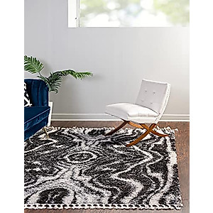Unique Loom Hygge Shag Collection Area Rug - Valley (7' 10" Square, Black and White/Gray)