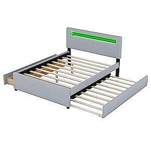 Prohon Bed Frame Queen Size with Twin Size Trundle, 2 Drawers, LED and USB Charging, Upholstered Storage Platform Bed, Large Storage Space Design w/Wooden Slat Support Mattresses Foundation, Gray