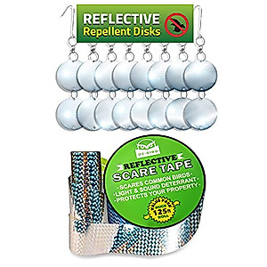 De-Bird Bundle Includes: Scare Tape - Reflective Tape and 8 pk Reflective Repellent Disks to Keep Away Woodpecker, Pigeons, and Protect Plants & Fruit Trees