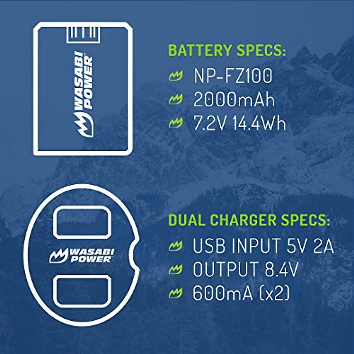 Wasabi Power Battery (2-Pack) and Dual USB Charger for Sony NP-FZ100, BC-QZ1 and Sony FX3, a1, a9, a9 II, a7C, a7R III, a7R IV, a7S III, a7 III, a7 IV, a6600 (KIT-BB-FZ100-02)