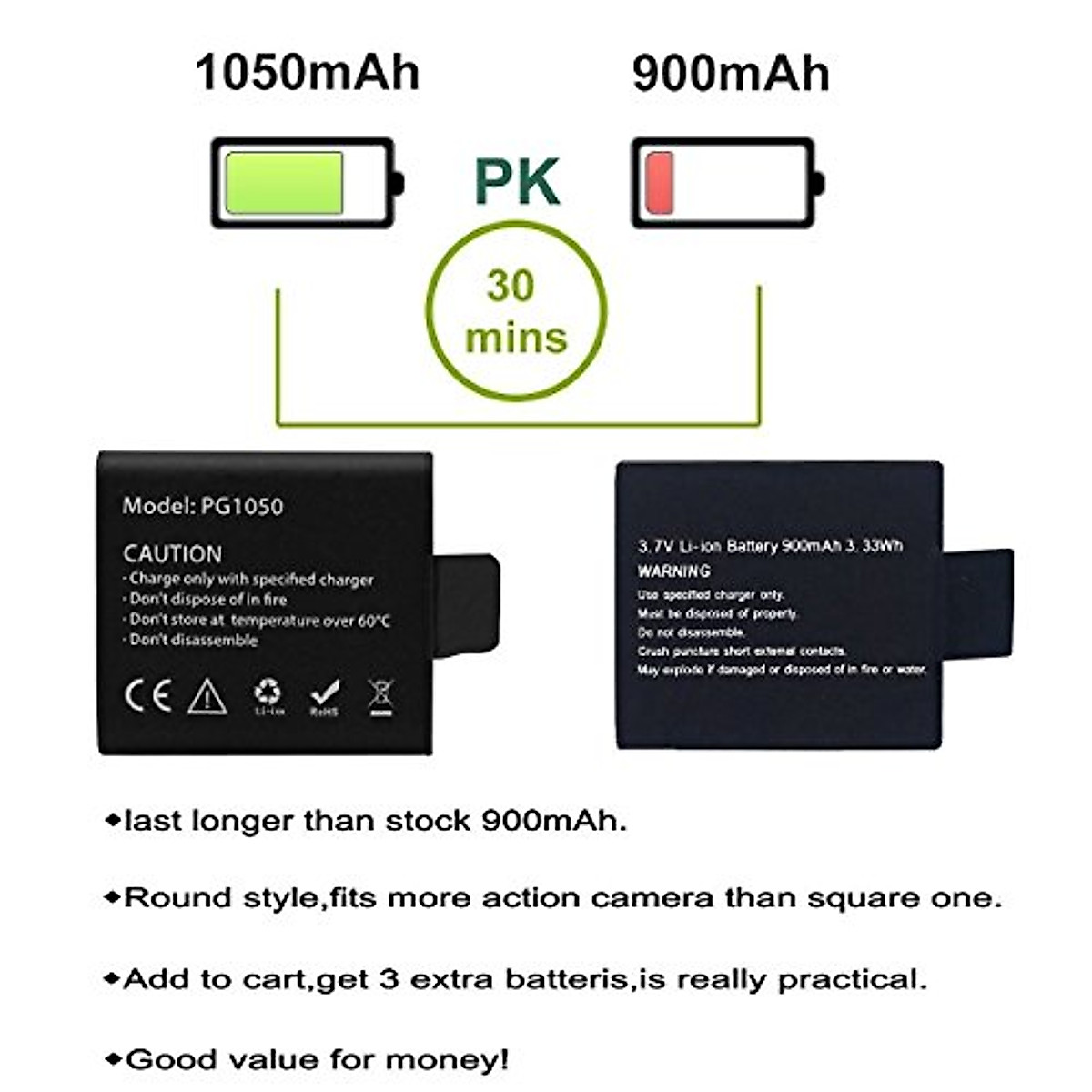VVHOOY 3 x 1050mAh Rechargeable Action Camera Battery with USB Dual Charger Compatible with AKASO EK7000/Brave 4/Dragon Touch 4K/Campark/Crosstour/Victure/APEMAN/RUNME R2 Action Camera