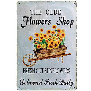 TISOSO the Olde Flowers Shop Fresh Cut Sunflowers Vintage Tin Bar Sign Farmhouse Country Home Decor for Living Room Bedroom Garden Decoration 8X12Inch