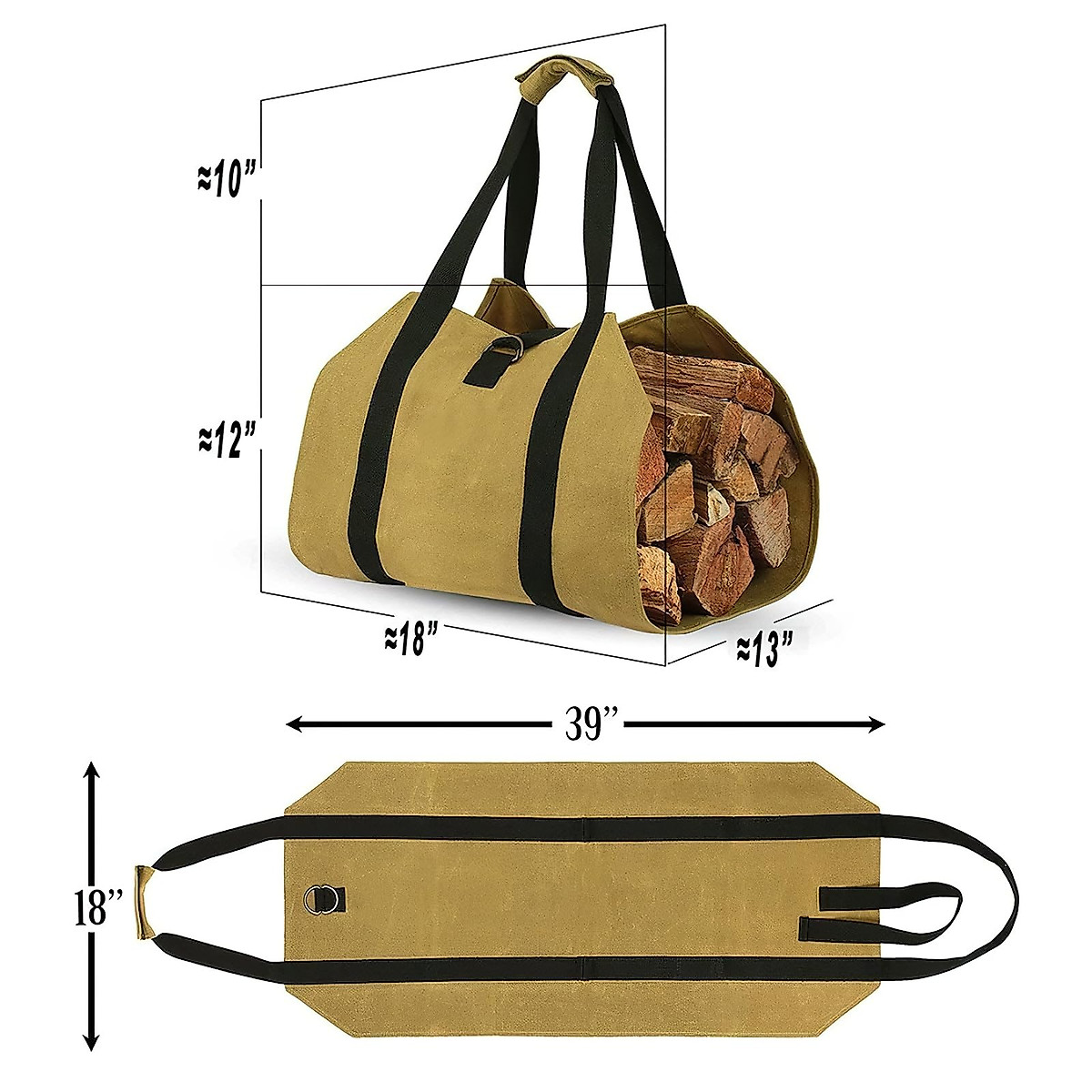 Rionaty 2 Pcs Firewood Carrier - Waxed Canvas Tote Bag, Extra Large Water-Resistant Portable Wood Carrier for Firewood Stove Indoor Outdoor Camping Trip (Brown and Black)