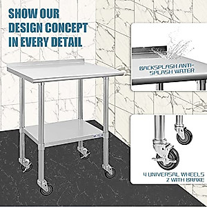 Hally Stainless Steel Table for Prep & Work 24 x 30 Inches with Caster Wheels, NSF Commercial Heavy Duty Table with Undershelf and Backsplash for Restaurant, Home and Hotel