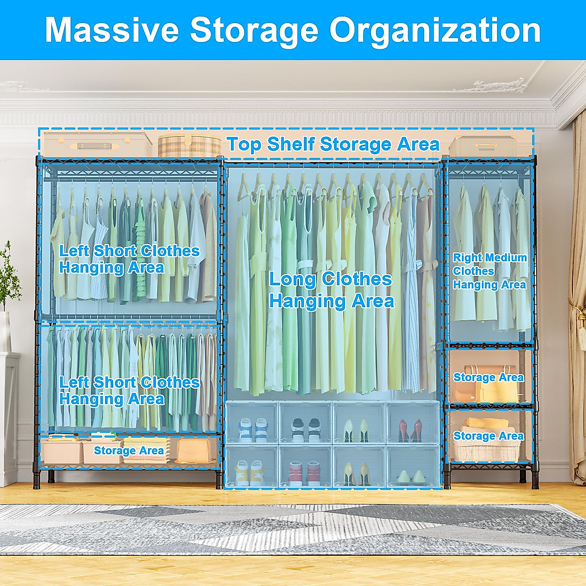 Ulif E10 Clothes Rack（With Stretchable Hanger Rod）Freestanding Clothing Racks for Hanging Clothes，Adjustable Closet Organizer System，Portable Garment Rack 73-97"W x 15" D x 72" H，Max Load 800LBS，Black