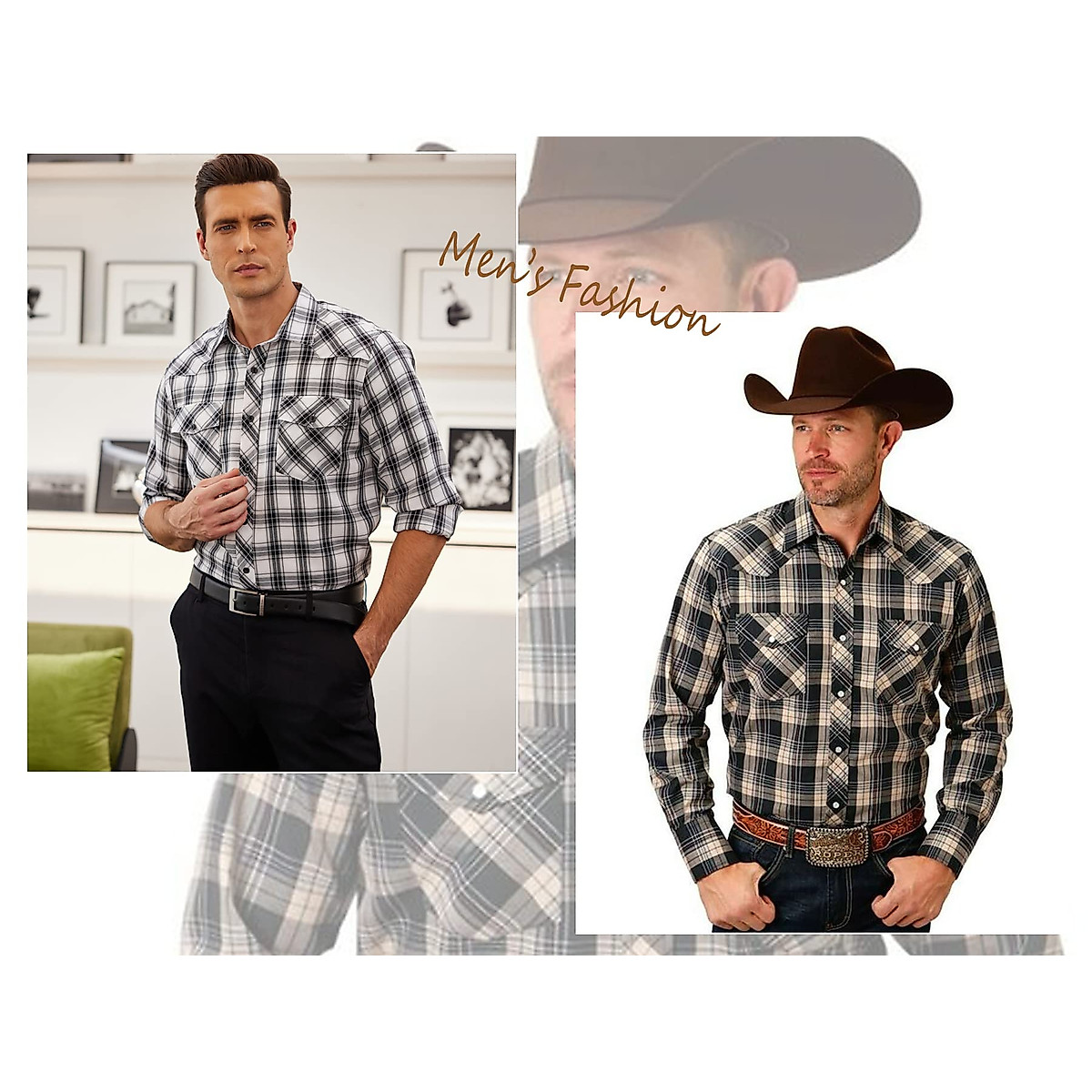 COOFANDY Mens Shirt Western Long Sleeve Cowboy Plaid Casual Button Up Dress with Pockets, Black White, Large, Long Sleeve