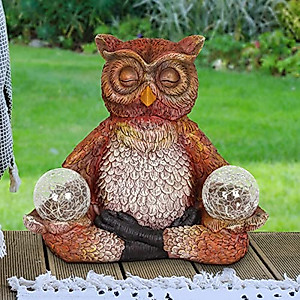 Exhart Garden Sculpture, Owl Meditating Yoga Solar Garden Statue, 2 LED Light Crackle Balls, Outdoor Garden Decoration, 7.5 x 9.5 Inch