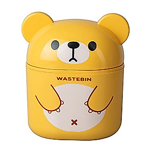 LIFKOME Cute Mini Desktop Trash Can Desktop Cartoon Bear Garbage Can Cute Plastic Trash Can Shake Cover Bucket Small Paper Basket Flipping Trash Bin for Kitchen Yellow