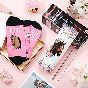 Umigy 2 Pcs Christmas Horse Gifts Horse Print Tumbler Pink Horse Socks for Women, 20 oz Skinny Water Tumbler with Lids Straw and Straw Brushes for Christmas Horse Lovers Gifts