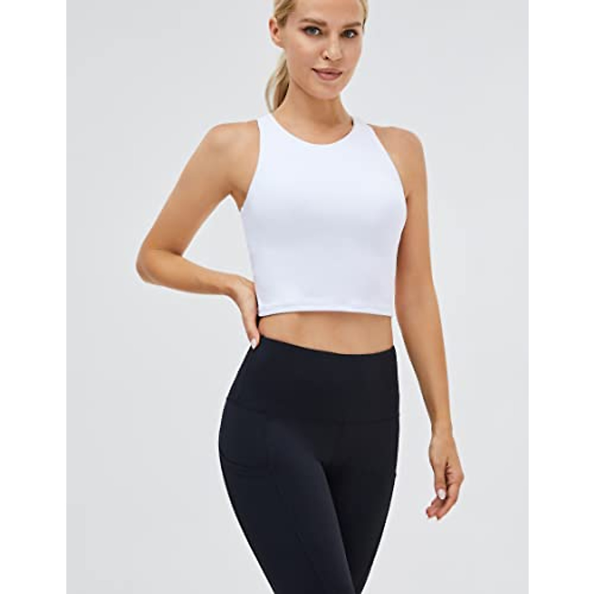 Women's High Neck Crop Top Sleeveless Racer Back Basic Workout Tank Tops Shirt White XL