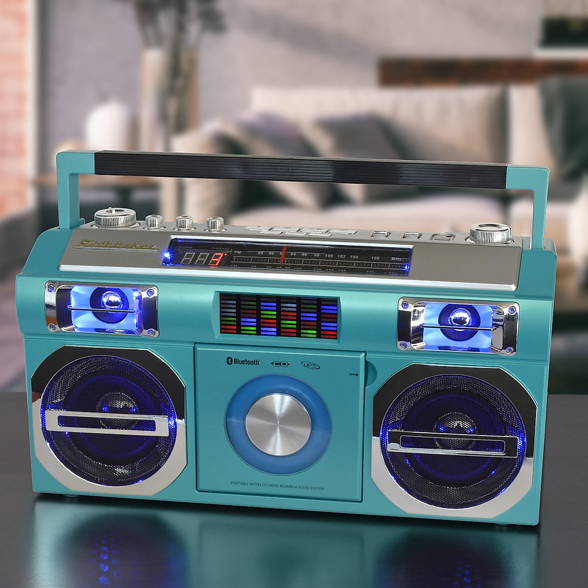 Studebaker Vintage Aqua Turquoise 80's Retro Street Bluetooth Wireless Streaming Boombox Rechargeable Battery, CD/MP3 Player, AM/FM, USB, Multi Color LED EQ, Full-Range High Bass Speakers & AC/DC -