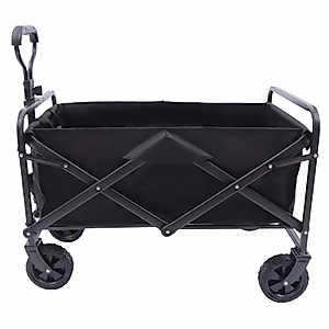 Folding Wagon Cart, Rubber Wheel Collapsible Heavy Duty Utility Beach Wagon with 5" Rubber Wheels Adjustable Handle and 2 Cup Holders for Outdoor Activities Beach Camping Garden