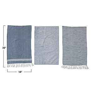 Creative Co-Op Cotton Blend Patterns and Fringe, Set of 3 Styles, Blue and White Tea Towel