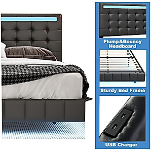 Queen Size Floating Bed Frame with LED Lights and USB Charging, Modern Upholstered Platform LED Bed Frame No Box Spring Needed, Easy Assembly (Black)