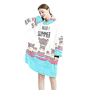 Wearable Blanket Hoodie,Oversized Hooded for Women,Comfy Sweatshirt Hello Summer Cute Hippo-01