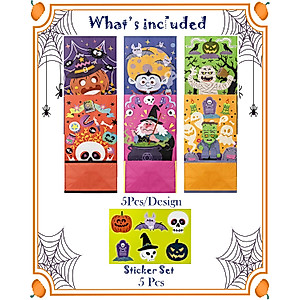 Gcardist Halloween Treats Bags 30 PCS Party Favors with 6 Designs, 3x5x9.5 Inches for Trick or Treat Festival - Includes Stickers - Happy Halloween Candy Bags