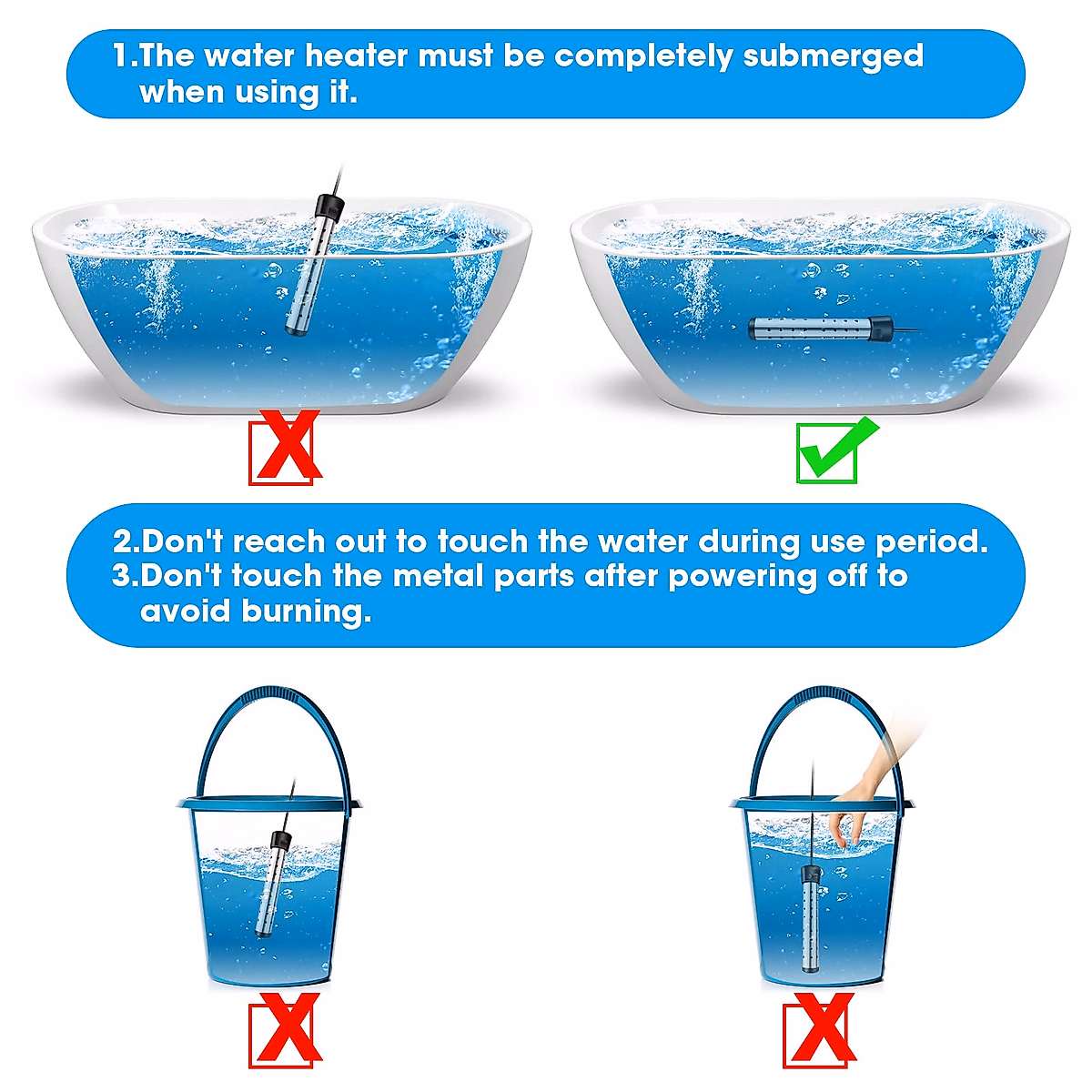 Immersion Water Heater for Boiling Bath Water,Portable Electric 304 Stainless Heater Outdoor with Guard Cover -LCD Thermometer,for MotorhomeTub Buckets ,Boils 5 Gallon Bucket of Water in Minutes (A3)