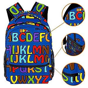 Colorful Alphabet Pattern Blue Lightweight School Classic Backpack Travel Rucksack for Women Teens