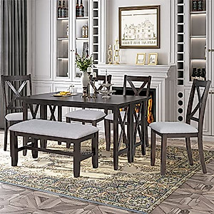 FIQHOME 6 Piece Set, Rustic Farmhouse Dining Room Foldable Table with 4 Upholstered Chairs and Bench, Solid Wood Kitchen Persons,Espresso