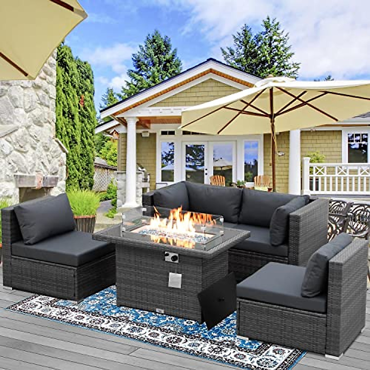 NICESOUL Large Size 5Pcs Patio Sectional Furniture Set with Firepits Outdoor High Back Conversation Sets with Gas/Propane Fire Pit Table Luxury Modular Sofa Set for Balcony Yard Garden