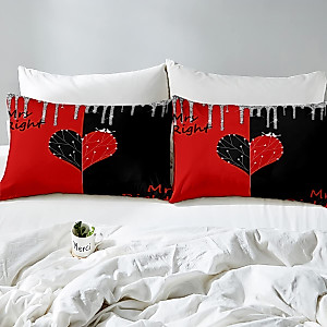 Mr Mrs Duvet Cover Queen Size for Woman Men Lover Couple Valentine Day Home Room Decor,Romantic Wedding Bedding Set 3pcs,Red Black Lovebirds Comforter Cover Modern Glitter Quilt Cover,2 Pillowcases
